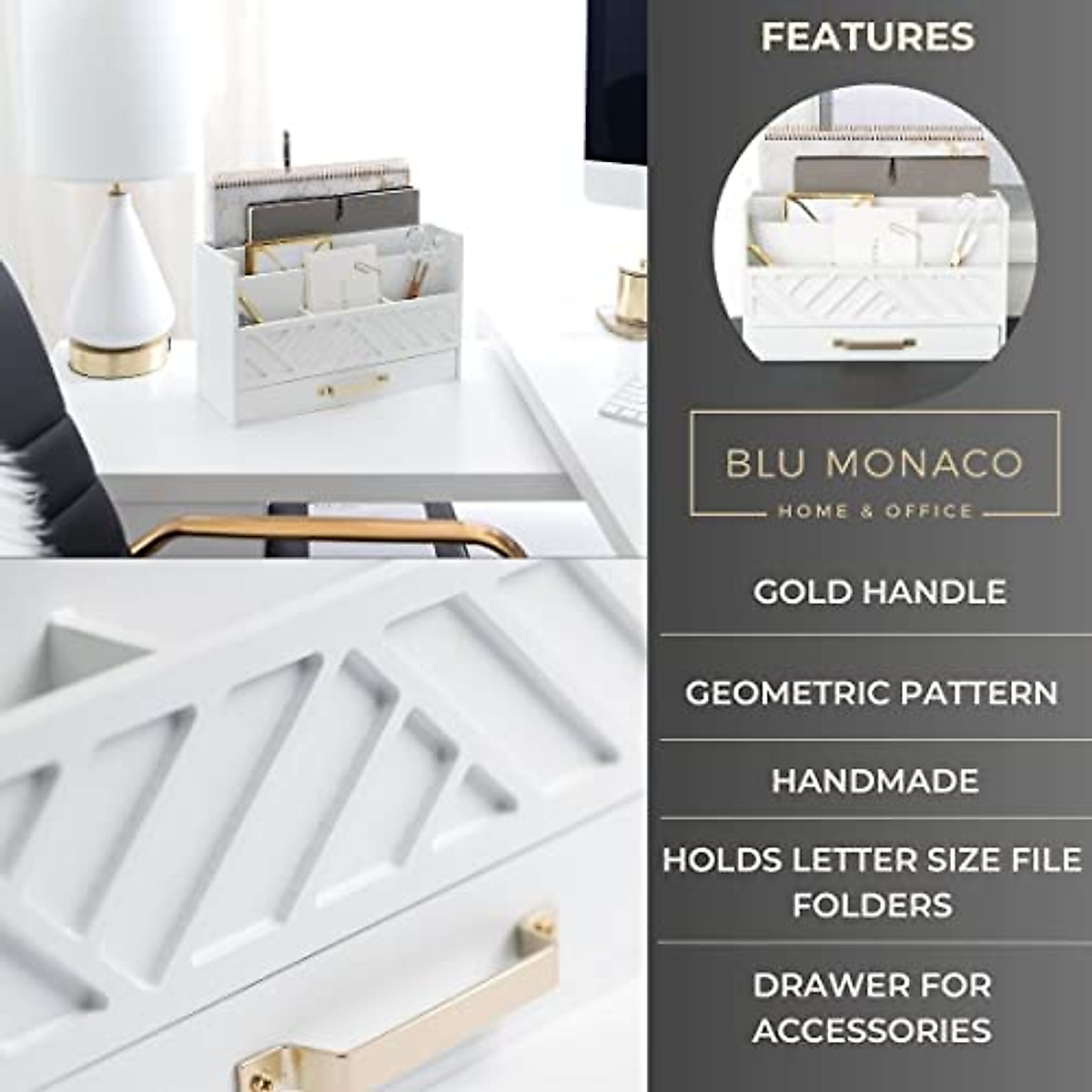 BLU MONACO White Wooden Desk Organizer with Drawer and Gold Handle - Desk Organizers and Accessories for Office Organization and Storage - Home, Office and Classroom Desk Supplies and Organizers
