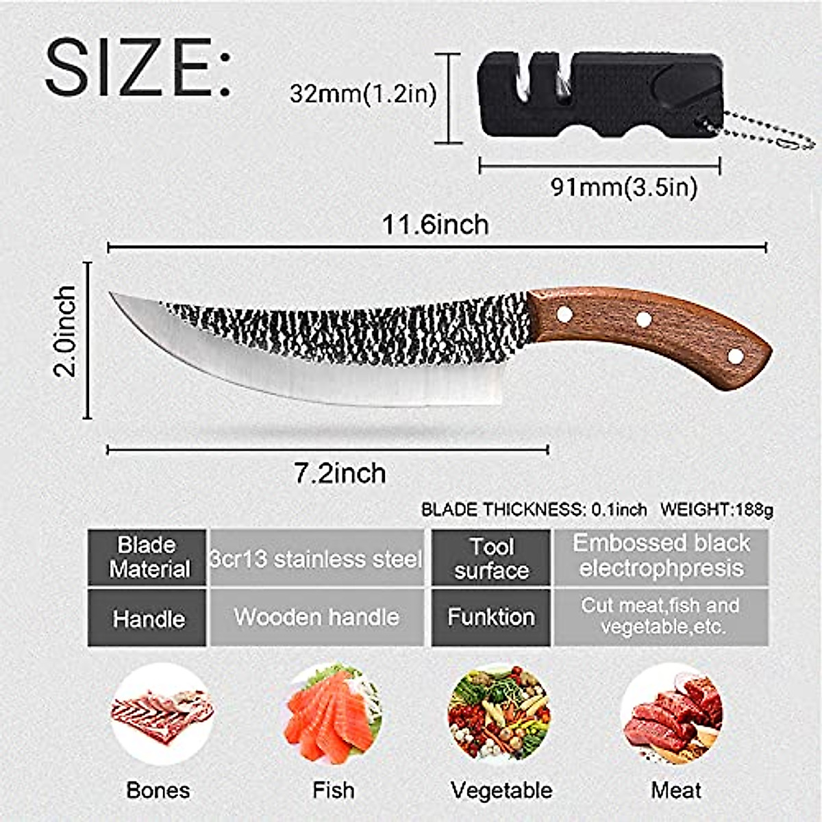 WXCOO 7-Inch Chef Knife Hand Forged Cleaver Knife High Carbon Stainless Steel, Boning knives Chef Butcher Knife with Sheath & Pocket Sharpener for Kitchen, Camping, Home, Outdoor, BBQ