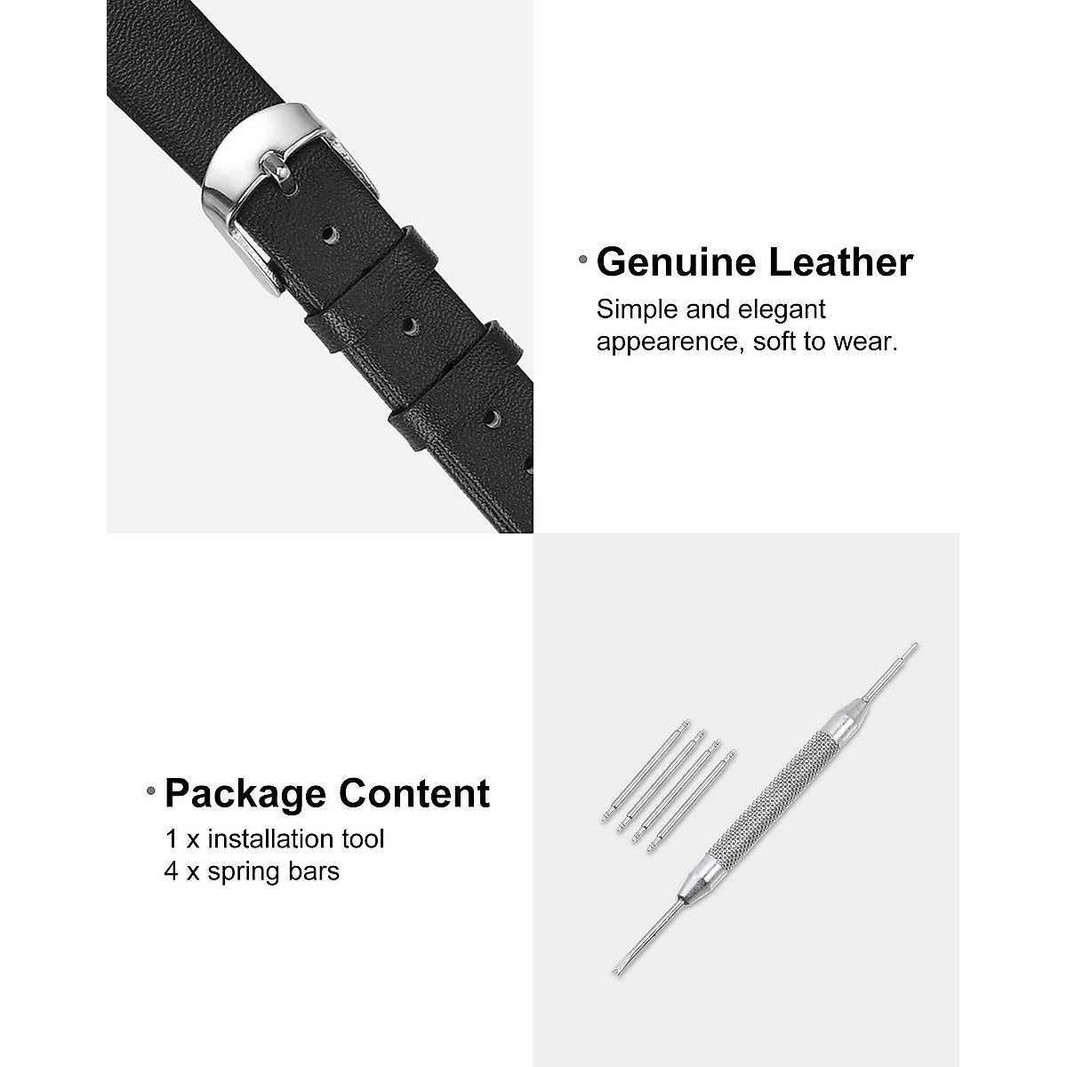 uxcell Black Genuine Leather Band 14mm Width, Flat Thin Elegant Leather Watch Strap for Women