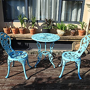 KAI LI 4-Piece Balcony Tables and Chairs, 1 Table, 2 Round Chairs and 1 Bench, Metal cast Aluminum, Bistro Suit, Garden Bench, Rose Pattern Light Blue
