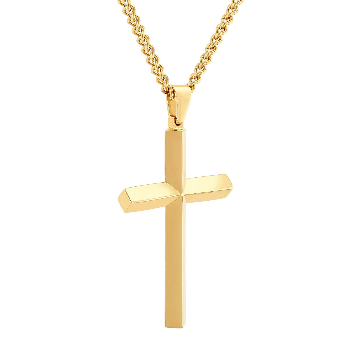 Stainless Steel Beveled Cross Pendant on 24" Twisted Curb Chain Necklace with Yellow Gold Tone Finish