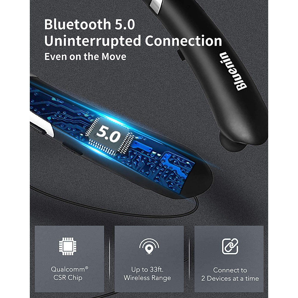 Bluenin Bluetooth Headphones, Bluetooth Neckband Wireless Headphones Bluetooth 5.0 Retractable Earbuds Stereo Headset CVC 8.0 Noise Cancelling Call Vibrate Alert Earphones with Mic (Black)