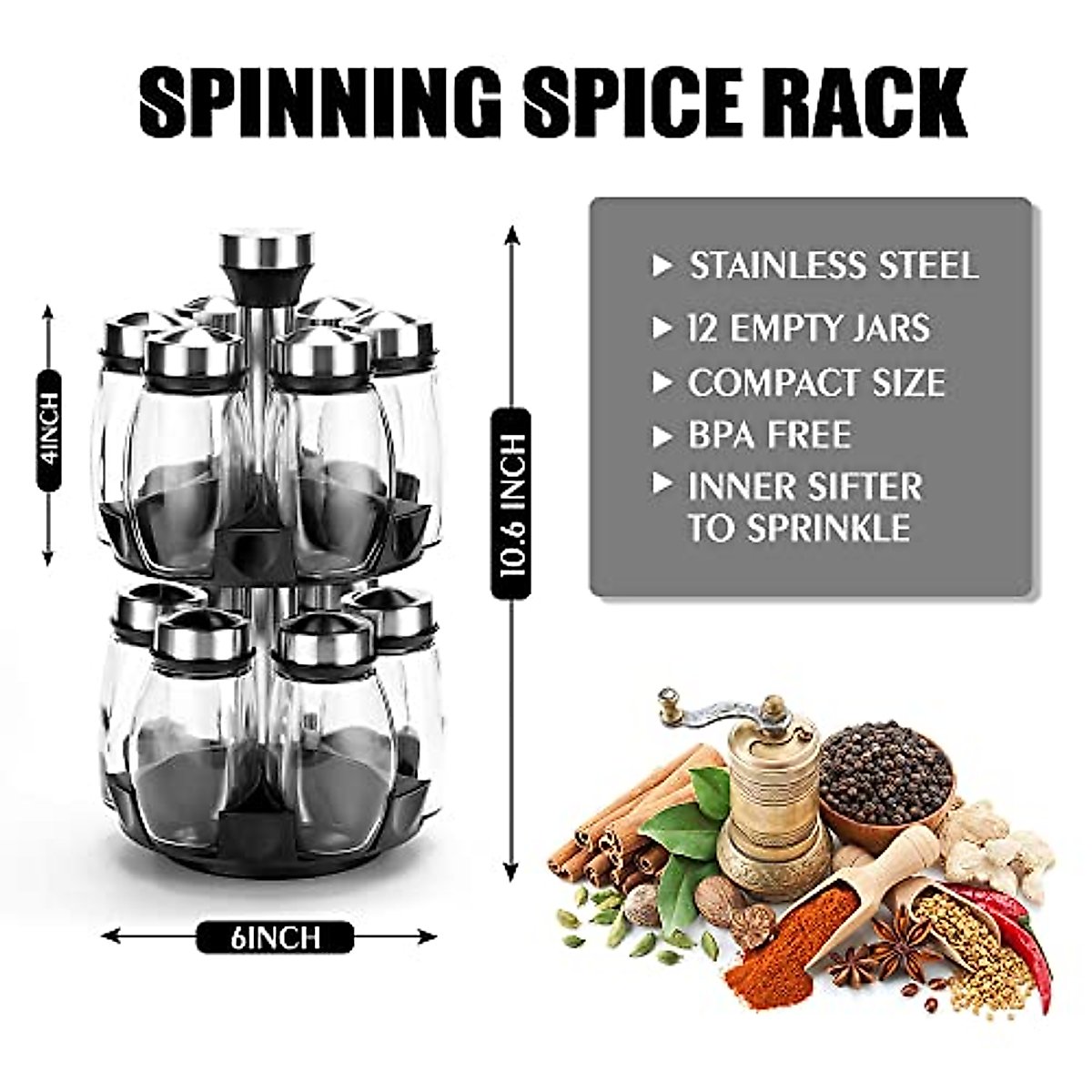 Revolving Spice Rack Organizer Countertop, Spinning Spice Storage Rack Tower Organizer with 12 Empty Jars, Rotating Spice Holder Shelf Seasoning Rack Shelf, Spice Seasoning Bottle Organizer