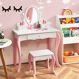 Costzon Kids Vanity Set with Mirror, 2 in 1 Princess Makeup Dressing Table w/Detachable Top, Toddler Vanity with 360° Rotating Mirror, Drawers & Stool, Pretend Play Vanity Set for Little Girls, White