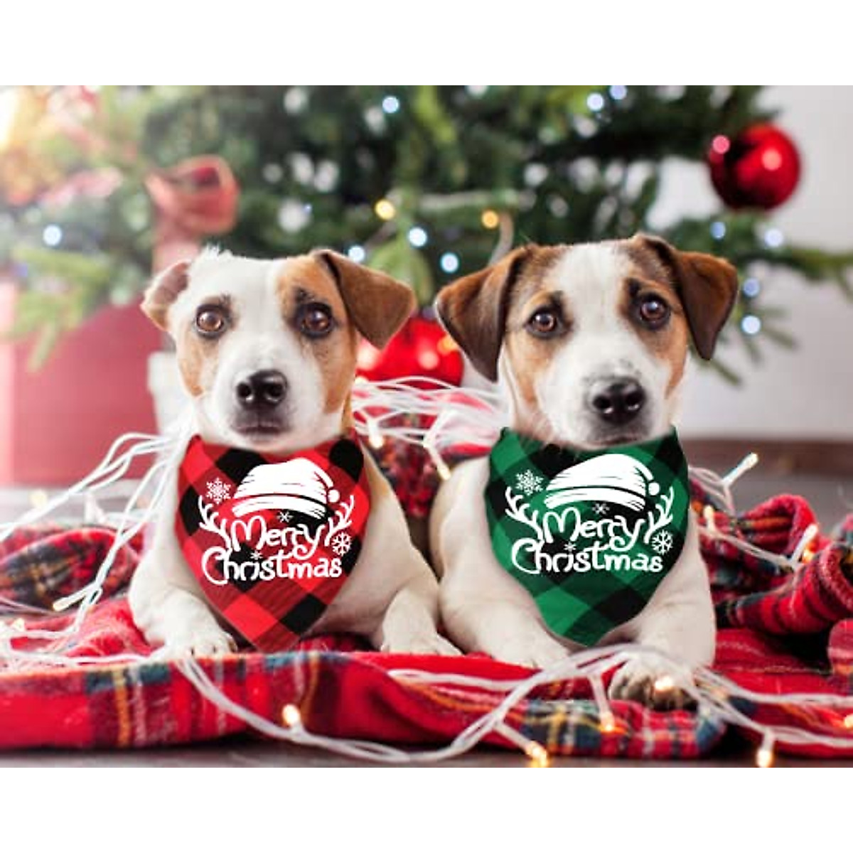 Buffalo Plaid Christmas Dog Bandanas, Double-Sided Use Triangle Bibs Kerchief,Dog Scarf with Merry Christmas Snowflakes for Small Medium Large Dogs Cats Pets,2 Pack