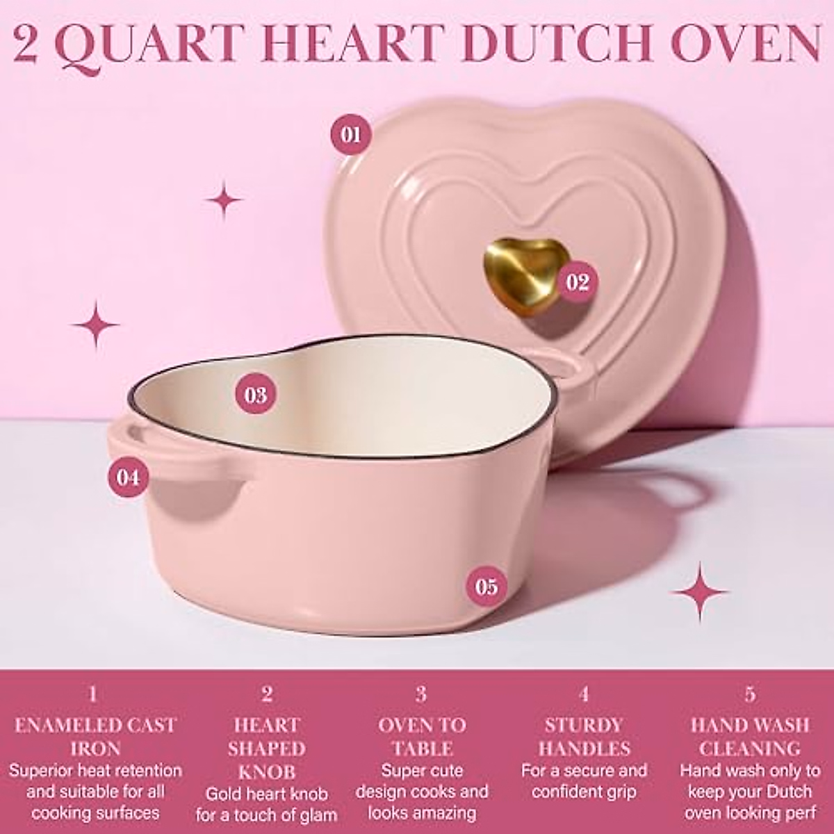 Paris Hilton Enameled Cast Iron Dutch Oven Heart-Shaped Pot with Lid, Dual Handles, Works on All Stovetops, Oven Safe to 500°F, 2-Quart, Pink
