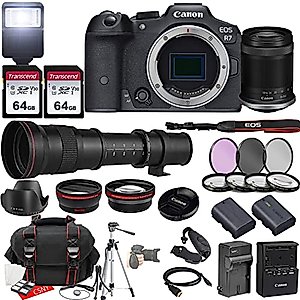 Canon EOS R7 Mirrorless Camera w/RF-S 18-150mm f/3.5-6.3 is STM Lens + 420-800mm f/8.3 HD Manual Telephoto Lens + 2X 64GB Memory + Hood + Case + Filters + Tripod & More (35pc Bundle)
