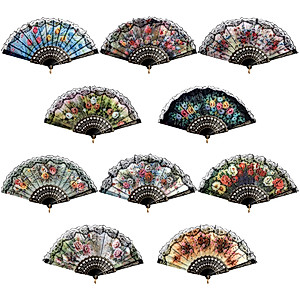 Coloch 10 Pack Spanish Floral Folding Hand Fan with Plastic Side, Vintage Handheld Folding Fan with Retro Patterns for Wedding, Dancing Party, Cosplay, Fancy Gift, Wall Decoration, Random Pattern