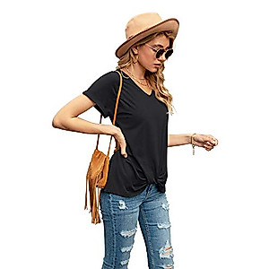 Iandroiy Women's V Neck Short Sleeve Casual Tops Twist Knot Blouse T Shirts (X-Large, Black)