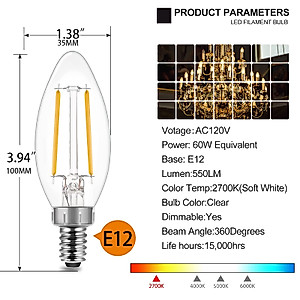 Energetic B11 E12 Candelabra LED Bulbs 60 Watt Equivalent, Dimmable LED Chandelier Light Bulbs, Soft White 2700K, 550LM, Decorative Candle Base Filament Bulb, UL Listed, 12 Pack