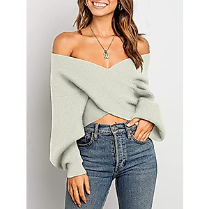 ANRABESS Women’s 2022 Fall Fashion Long Sleeve Off Shoulder Crissover V Neck Knit Cropped Sweater Top 641qianhui-S Gray