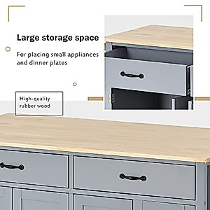 KELRIA Solid Wood Top, Mobile Carts with Storage Cabinet, Rolling Kitchen Table with Spice, Towel Rack, and Drawer, Portable Islands on Wheels, Gray, 54.3 Inch, Grey Blue