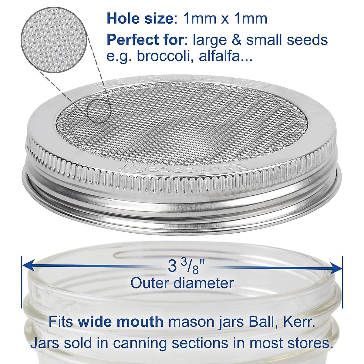 2 Pack Mason Jar Sprouting Lids - 316 Surgical Stainless Steel Sprouting Lids for Wide Mouth Mason Jars - Screen Mesh Strainer, Sprouter Kit for Alfalfa & Broccoli Seeds - Rust-Proof, Dishwasher Safe