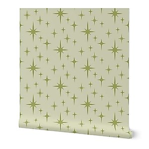 Peel & Stick Wallpaper Swatch - Atomic Age Green Vintage Star Retro Midcentury Modern 1950S Space Custom Removable Wallpaper by Spoonflower
