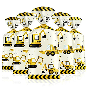 50 Pack Construction Party Favor Bags - Construction Theme Treat Bags, Truck Themed Cello Cellophane Gift Candy Goodie Bags with Gold Twist Ties for Kids Construction Birthday Party Supplies Favors