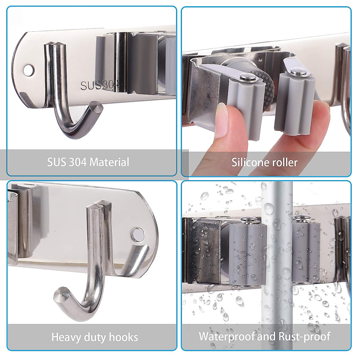 Tidysun Mop and Broom Holder Wall Mounted,Heavy Duty Stainless Mop Holder Wall Mount with 1 Gripper and 2 Hooks,Mop Broom Holder for Kitchen Bathroom Garden Garage 1 Pack(Grey)