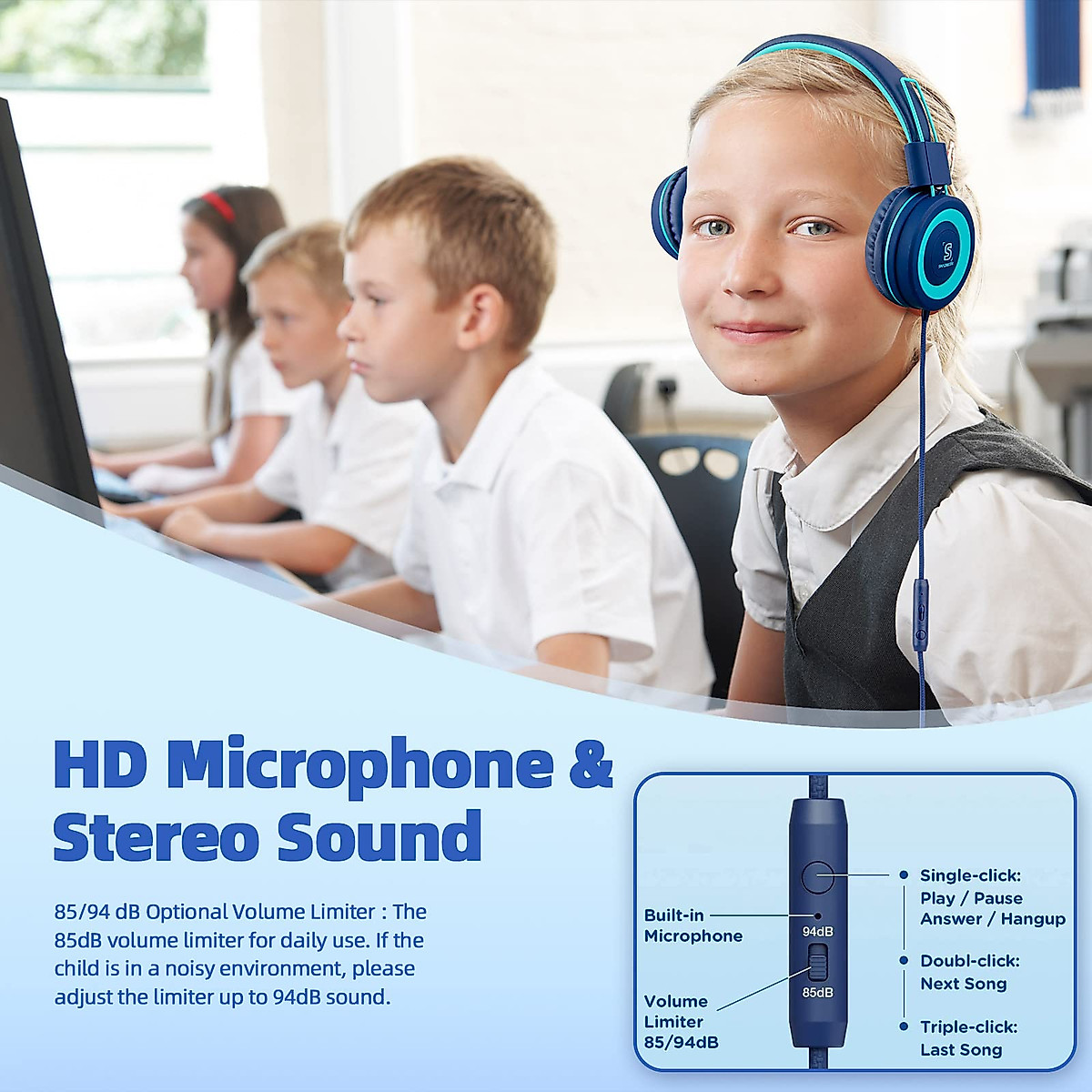 Kids Headphones Wired, Wired Headphones with Microphone, Volume Limiter 85/94dB, 3.5mm Jack for iPad/Kindle/Fire/Girls/Boys/School/Travel - Navy Blue