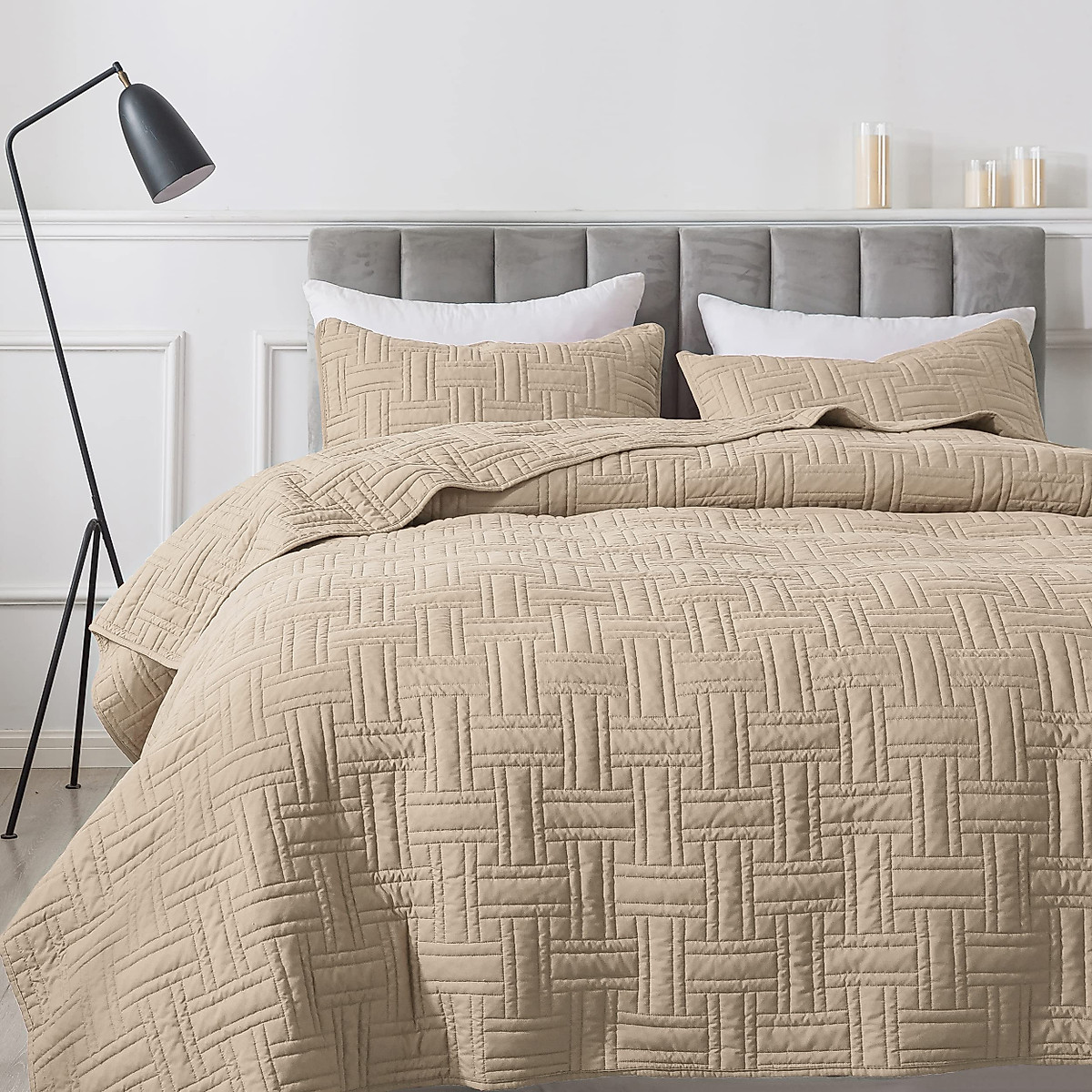 Beige Quilt King Size Bedding Sets with Pillow Shams, Cream Tan Lightweight Soft Bedspread Coverlet, Basket Weave Quilted Blanket Thin Comforter Bed Cover for All Season, 3 Pieces, 104x90 inches