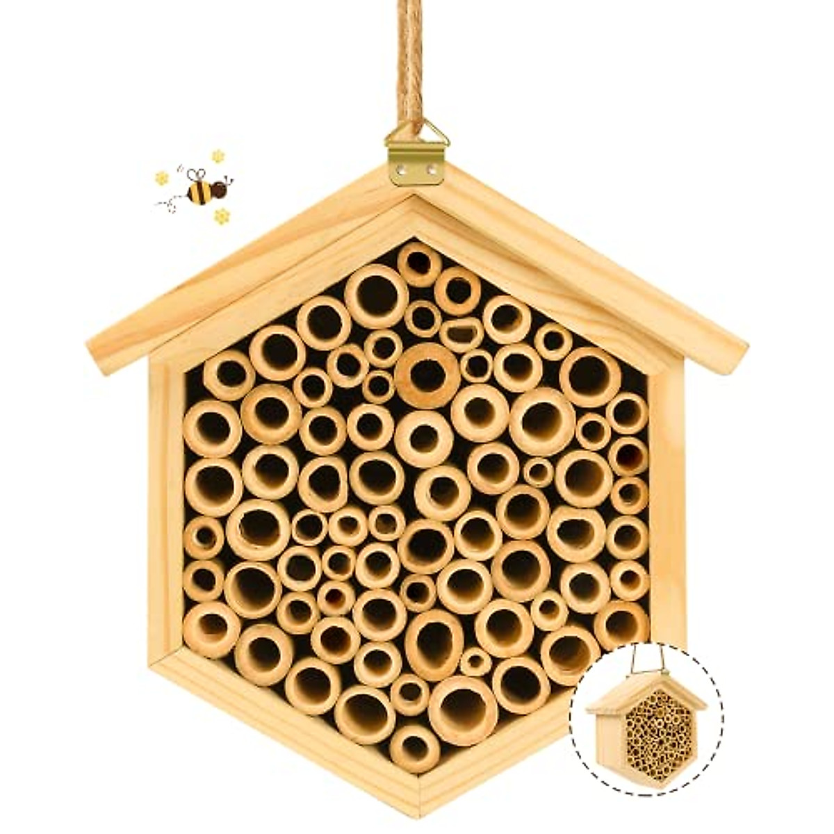 Mason Bee House - Handmade Wooden Bee Hotel Natural Bamboo Bee Habitat Hive Bee Box for Carpenter Bee, Garden Gifts, Pollinating Bees, Leaf Cutter Bee