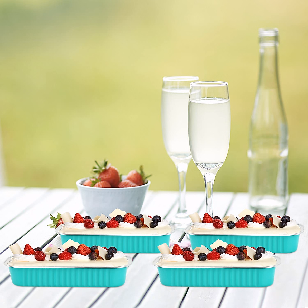 LNYZQUS Mini Loaf Baking Pans with Lids 100 Pack, 6.8oz Rectangle Mini Cake Tins Baking Cups,Disposable Aluminum Foil Mini Baking Pan Muffin Tins Containers -Cyan Blue