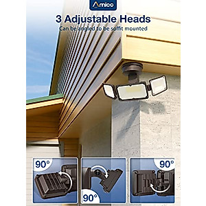 Amico 3500LM LED Security Light, 30W Bright Outdoor Flood Light, 5000K Daylight White, IP65 Waterproof with 3 Adjustable Heads for Garage, Backyard, Patio, Garden, Porch&Stair(Brown)
