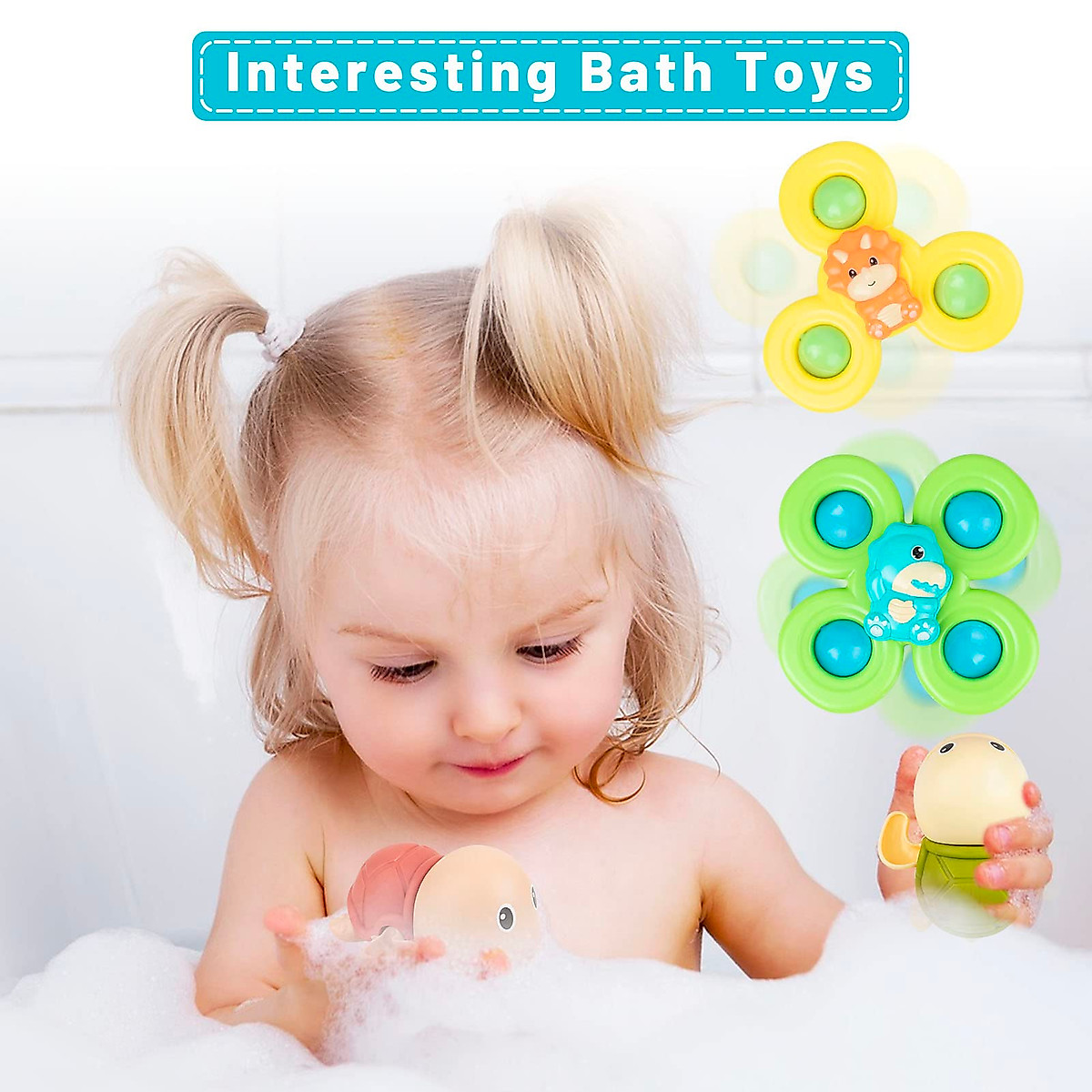 2PCS Suction Cup Spinner Toys with Swim Turtle Water Bath Toys for Toddlers 1-3 Year Old Boys Gifts, Bath Toys, Bathtub Toys for Baby Pool Toys, First Birthday Baby Gifts for 1 Year Old Girls Boys