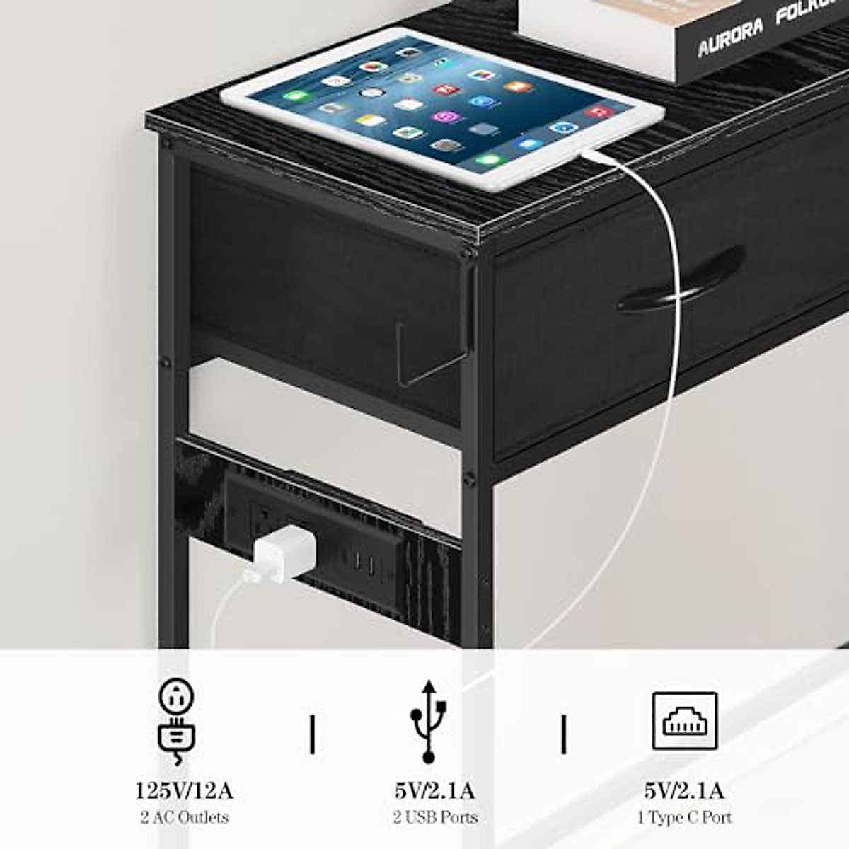 Narrow Console Table with Drawers Black Entryway Table with Storage Shelves Behind Sofa Table with Outlet for Living Room Bedroom Couch Hallway, Black