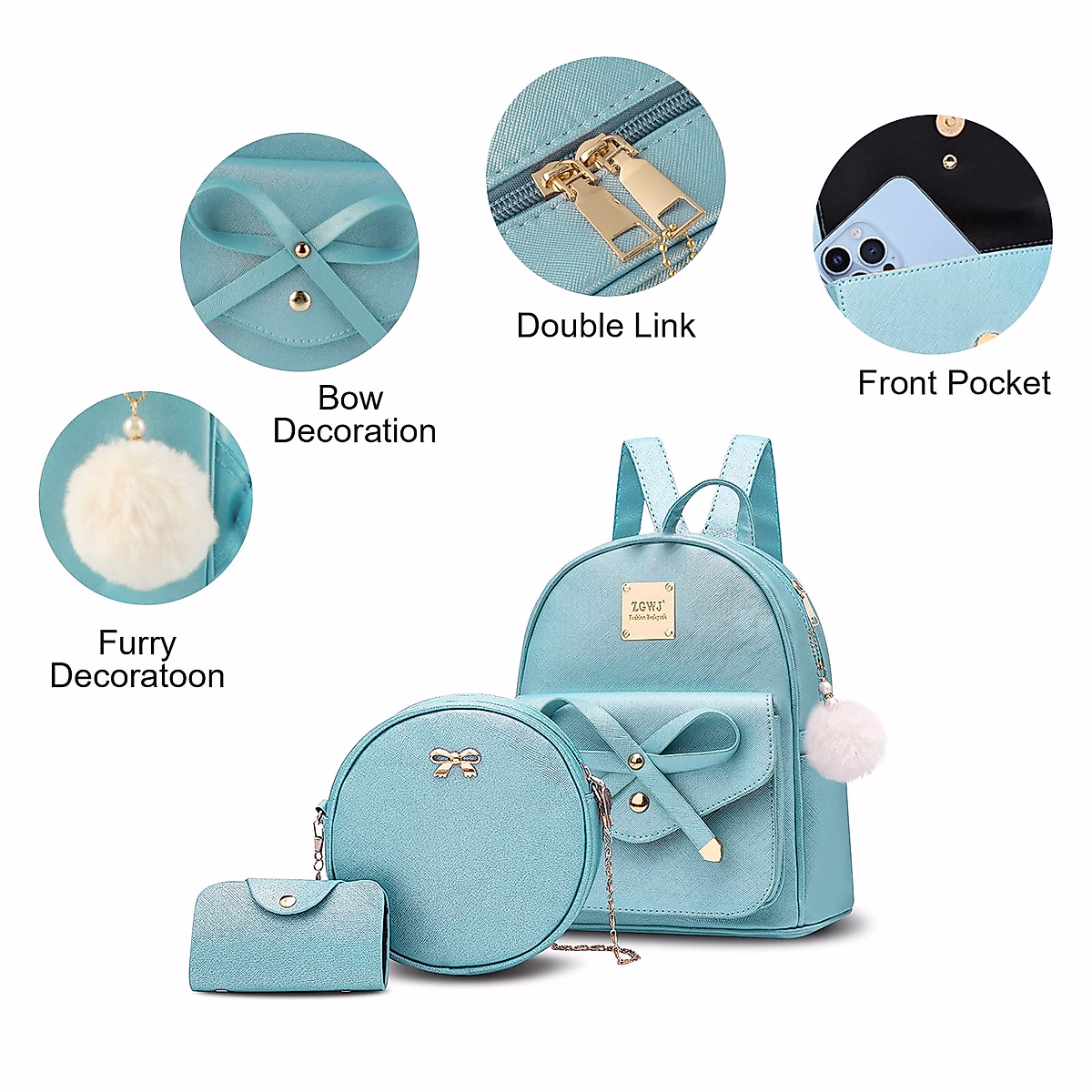 Aogist Mini Leather Backpack Purse 3-Pieces Fashion Bowknot Zipper Bags Cute Casual Travel Daypacks for Women Pearl Blue