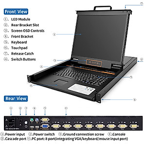 8 Port Rack Mount KVM Console w/19" Rackmount Monitor, 1U VGA KVM Switch Drawer+Keyboard+Touchpad+8 VGA Cable,OSD/Hotkey/Button Switch, 1280X1024@60Hz, 23.8" Deep,Compatible with Windows,Linux,Mac,Sun