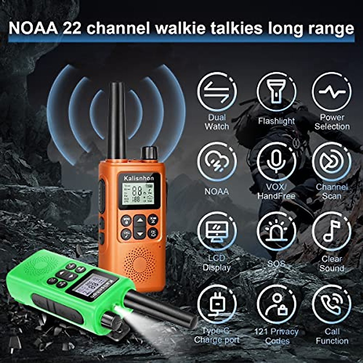 Kalisnhon Walkie Talkies Long Range with Call Alert NOAA Dual Watch Flashlight LCD Display VOX 22 Channels, Walkie Talkies for Adults with Charging Dock and Earpieces Li-ion Battery（2 Pack）