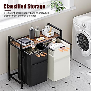Aowos Laundry Basket, 112L Large Double Laundry Hamper, Freestanding Laundry Sorter Organizer 2 Section with Top Shelf & 2 Removable Washable Bags & Side Pockets for Dorm, Rustic Brown and Black