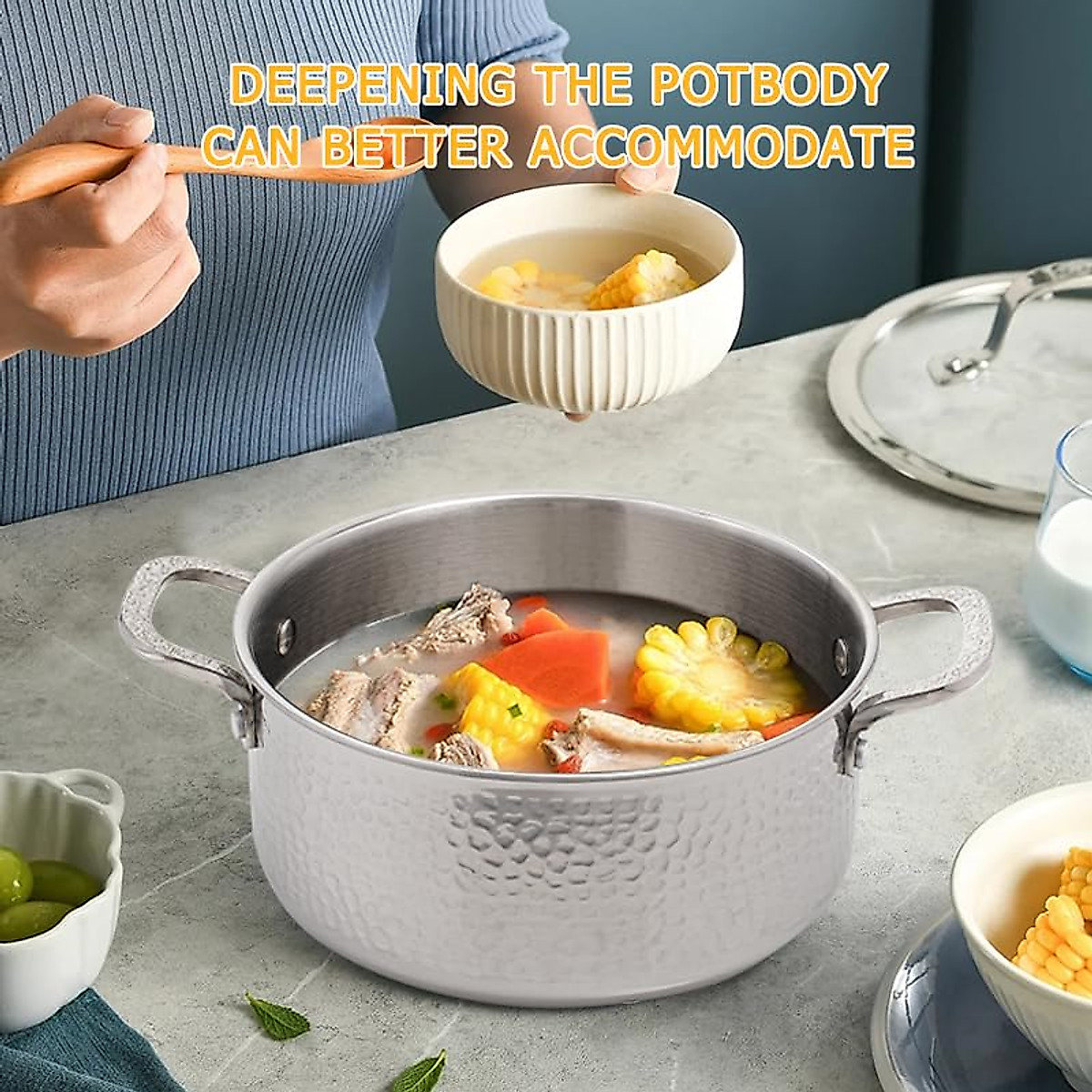 Vivicreate Tri-Ply Stainless Steel Stockpot, Deep Cooking Pot with Lid, Hammered Exterior, Silver (4 Quarts)