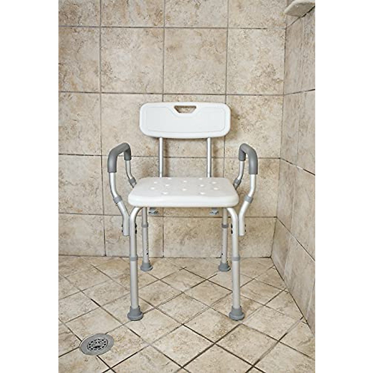 Essential Medical Supply Height Adjustable Shower and Bath Bench with Padded Arms, Contoured Back and Textured Shower Chair Seat - Perfect for The Bath and Shower