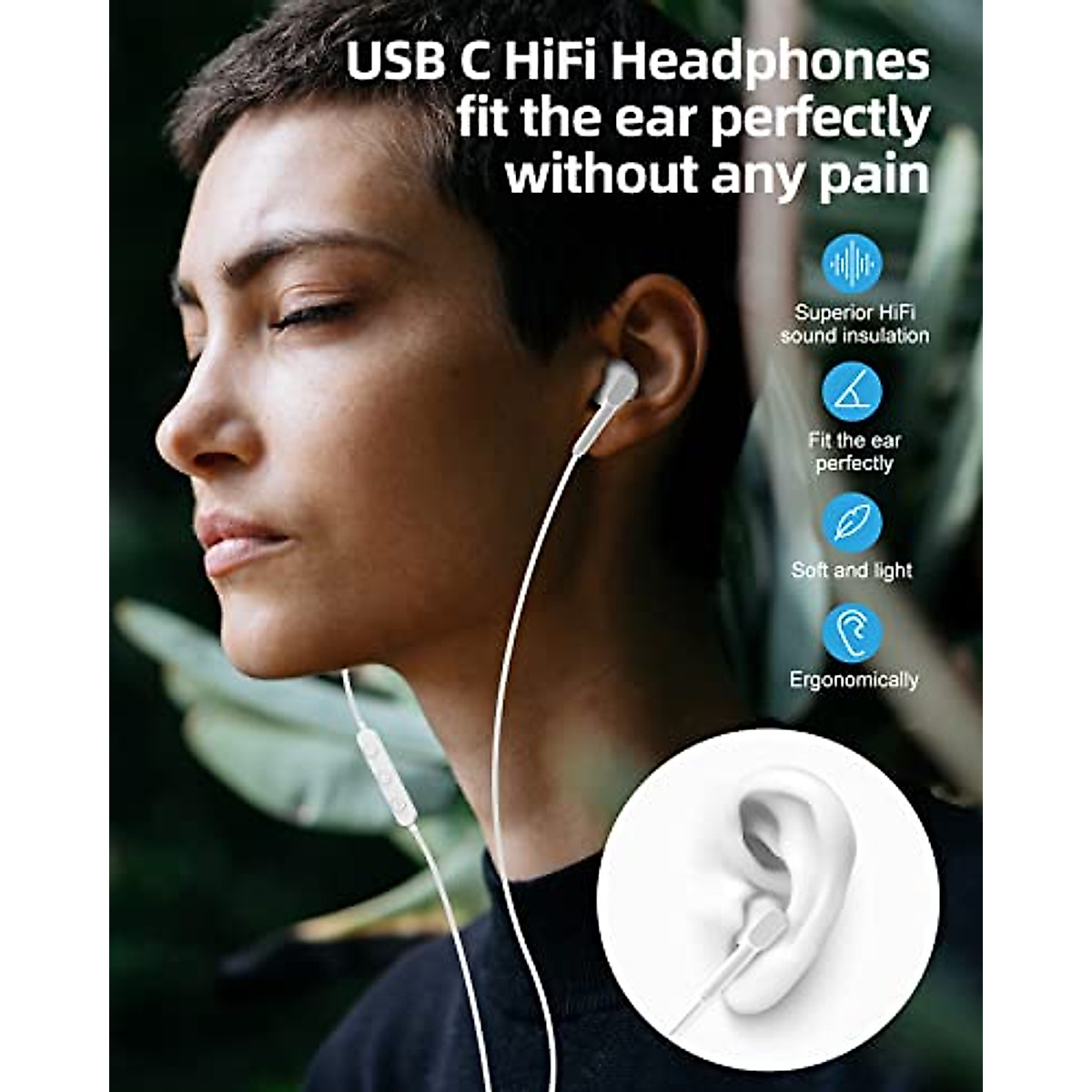 USB C Earphones, iFory HiFi Stereo Type C Earbuds Stereo in-Ear Earbud USB C Headphones with Mic and Volume Control Compatible with Google Pixel 3/2/XL, Sony XZ2, iPad Pro White