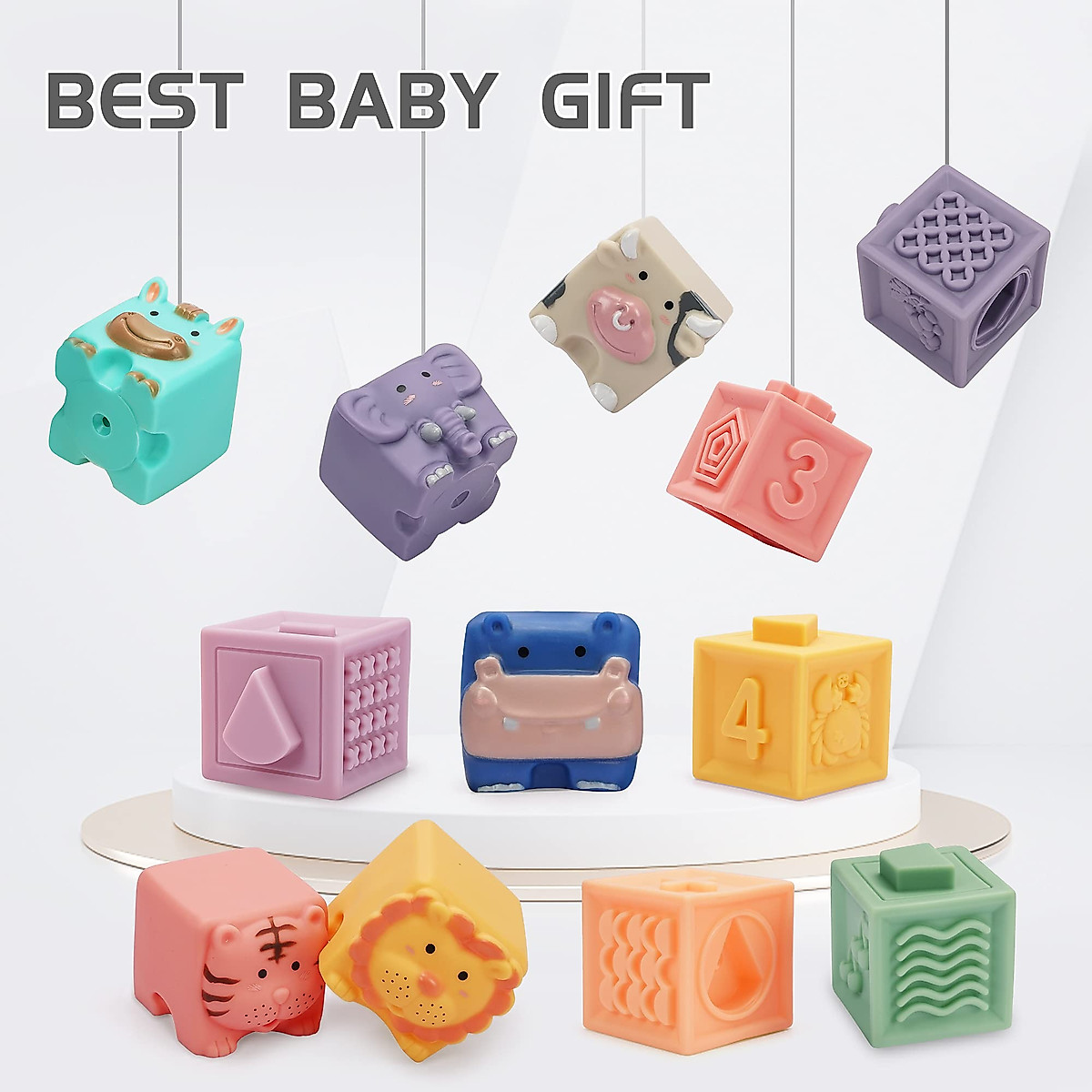 QLOTS Baby Blocks, Baby Toys 12PCS Soft Stacking Building Blocks Infant Bath Toys for Toddler 12 Month 1 2 Years Old Boys&Girls Gift Safe Teething Squeeze Sensory Toys with Suction Cup Storage Bag