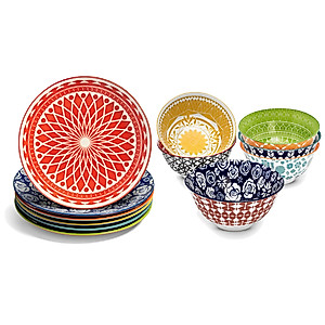 Annovero Cereal Bowls, Dinner Plates. Cute and Colorful Porcelain Dishes for Kitchen, Microwave and Oven Safe. Bundle