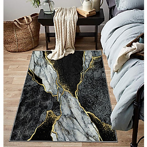 HUXJOKO Area Rug Abstract Black and Gold Marble Veins Home Decor Non-Slip Rugs Machine Washable Doormat Carpet Mat for Living Room Bedroom Kitchen Kindergarten Room Classroom,5' x 7'