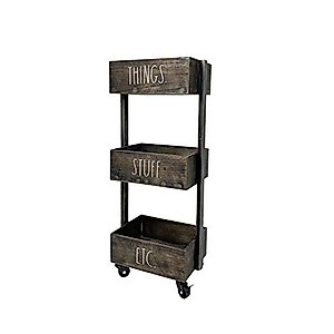 Rae Dunn 3 Tier Wheeled Organizer – Wood Caddy - Chic and Stylish Portable Wood Storage Bin for Office, Home or Kitchen