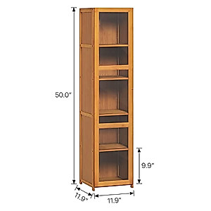 MoNiBloom Narrow Bookcase with Acrylic Doors Bamboo 5 Tier Free Standing Slim Bookshelf Display Storage Shelves Collection Décor Furniture for Home Living Room, Brown