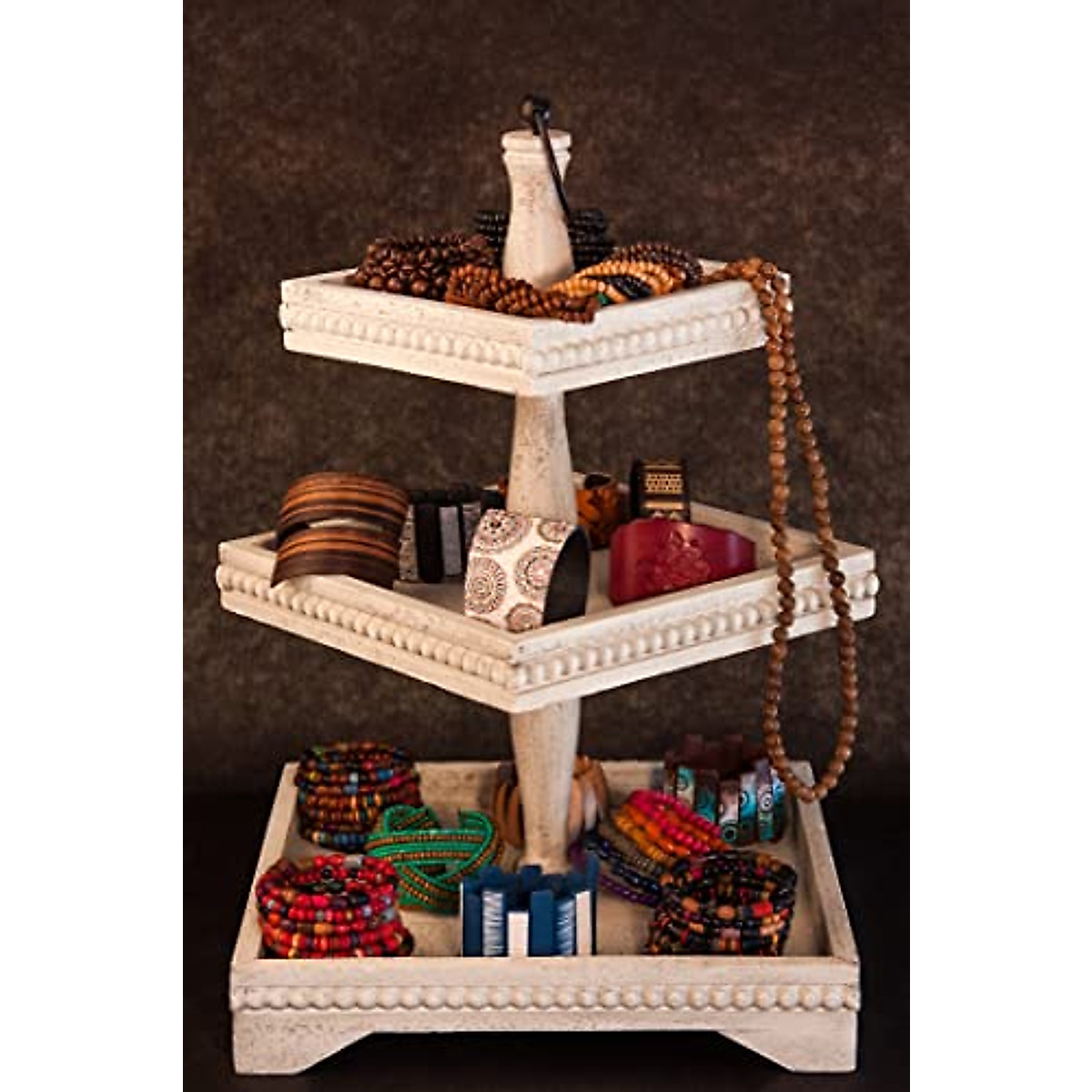 KEFO Three Tiered Beaded Tray Decor Stand - 12 x 18 Inch Large White Wooden 3 Tiered Tray Stand - Decorative Rustic Distressed 3 Tier Tray Decor Table Centerpiece - Tiered Serving Tray for Home Decor