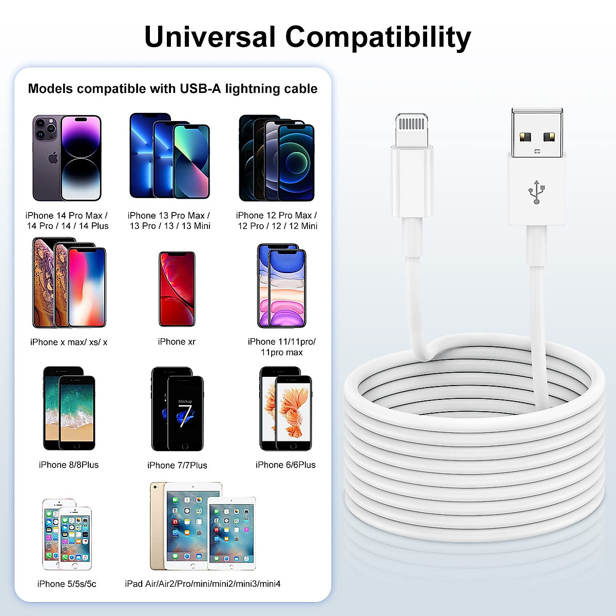 [Apple MFi Certified] 3Pack Lightning Cable 6ft, Long Apple Lightning to USB Cable 6feet(1.8m), iPhone Charger Cord 2.4A Fast Charging Cable for iPhone 13/12/11 Pro Max Xs X XR 8 7,iPad iPod (White)