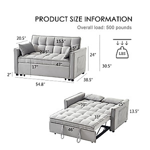 FENFSHE Futon Sofa Bed, Modern Velvet 3 in 1 Convertible Sleeper Sofa Couch Bed, Pullout Couch Bed with Adjustable Backrest, Storage Pockets and Toss Pillows for Living Room, Bedroom (Grey)