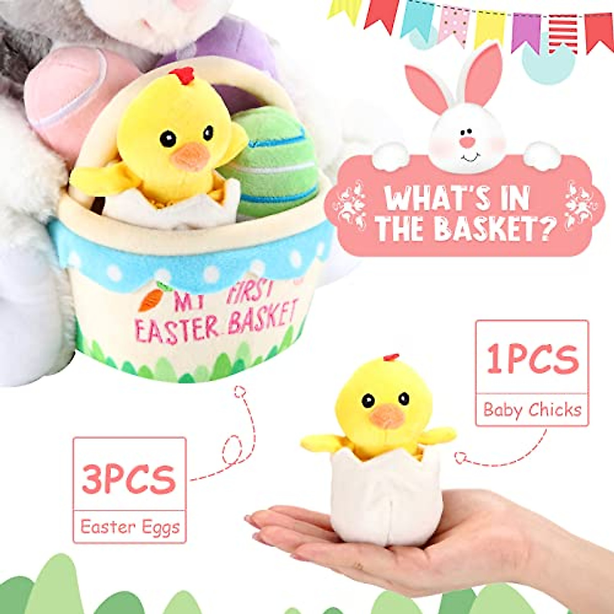 6 Pieces My First Plush Egg Basket 14 Inch Plush Easter Bunny Rabbit Stuffed Animal with Plush Easter Chick Eggs for Easter Theme Party Favor, Easter Eggs Hunt, Basket Stuffers Fillers Gifts