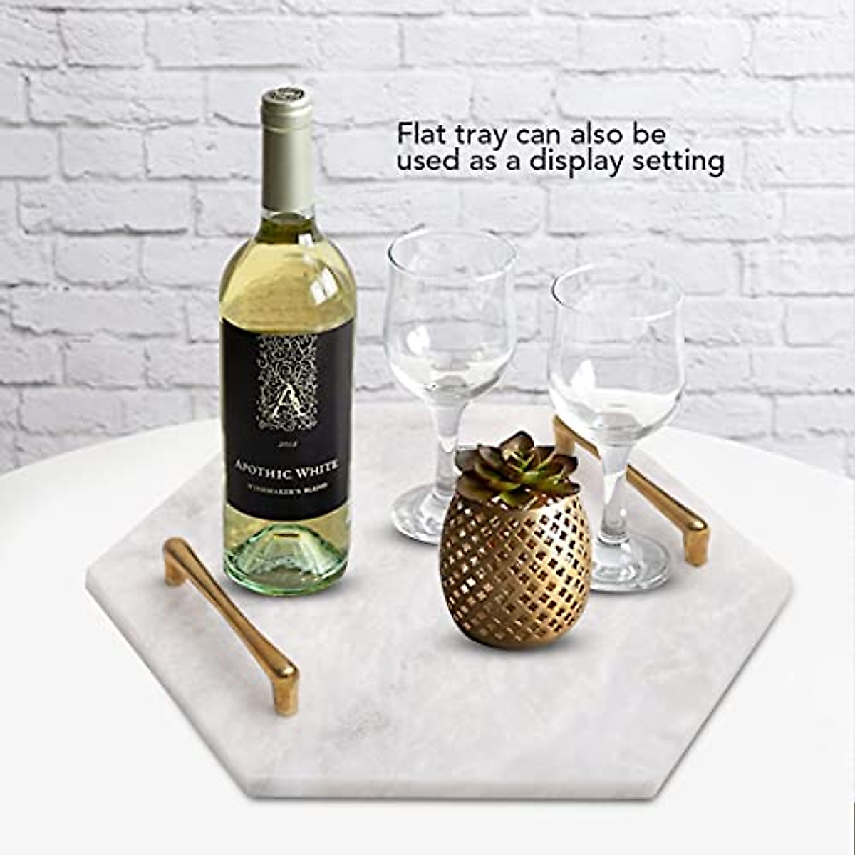 STONES N CRAFTS White Marble Bathroom Organizer, Also Used as Marble Serving Tray, Jewelry Dish Tray, Kitchen Island Décor with Brass Bent Handles, Unique Housewarming Gift for New Apartment