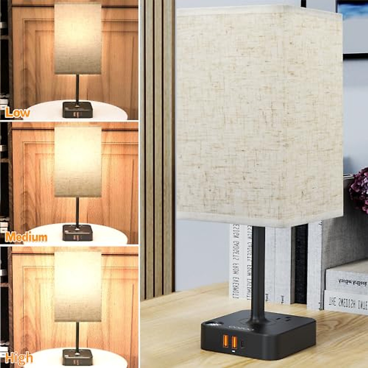 COZOO USB Bedside Dimmable Table Desk Lamp with 2 USB Charging Ports 2 Outlets Power Strip,Black Charger Base Flaxen Fabric Shade, LED Light for Bedroom/Nightstand/Living Room/Dorm/Home Office/College