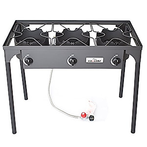 COOKAMP High Pressure Triple Burner Outdoor Propane Camping Stove with 0-20 PSI Adjustable High Pressuer Regulator and Steel Braided Hose 3 Burner Stove Brewing Supply SA3500