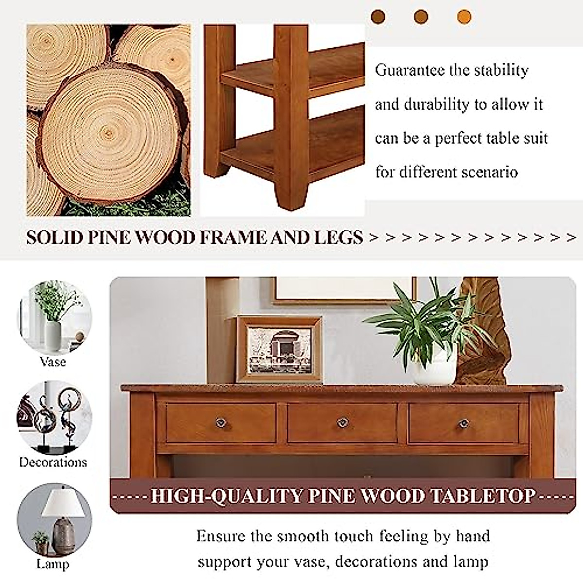 Daxue Console Table with 3 Drawers and 2 Shelves, 48.8" W Pine Wood Vintage Hallway Foyer Table with Storage Shelves, Narrow Long Sofa Entryway Table for Living Room Distressed Finish(Brown)