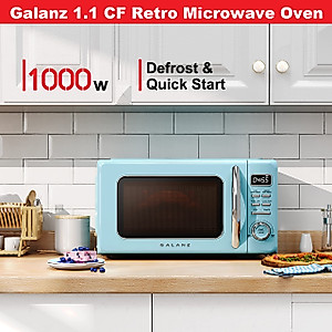 Galanz GLR12TBEEFR Refrigerator, Dual Door Fridge, Retro Blue, 12.0 Cu Ft & GLCMKZ11BER10 Retro Countertop Microwave Oven with Auto Cook & Reheat, 1.1 cu ft, Blue