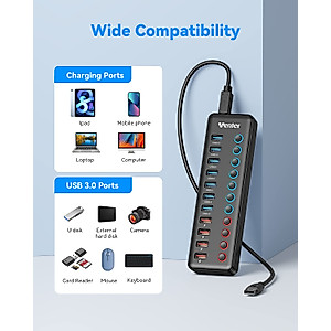 Powered USB 3.0 Hub, Wenter 11-Port Hub Splitter (7 Faster Data Transfer Ports+ 4 Smart Charging Ports) with Individual LED On/Off Switches, Power Adapter for Mac, PC