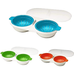 WWLUCKY Draining Egg Boiler for Microwave, Perfect Double Egg Poacher, Silicone Egg Boiler Cups, Double Egg Cups for Boiled Eggs, Draining Egg Boiler Set, Kitchen Cooking Gadget Tools, Blue